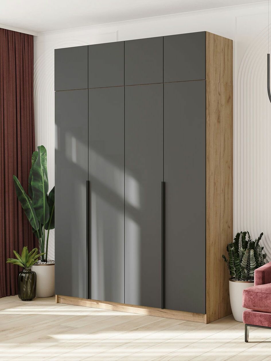 Распашной шкаф для одежды и хранения вещей Рейми с антресолью, со штангой, с полками, с ящиками, 160х55х240 см, Дуб Крафт золотой / Графит серый