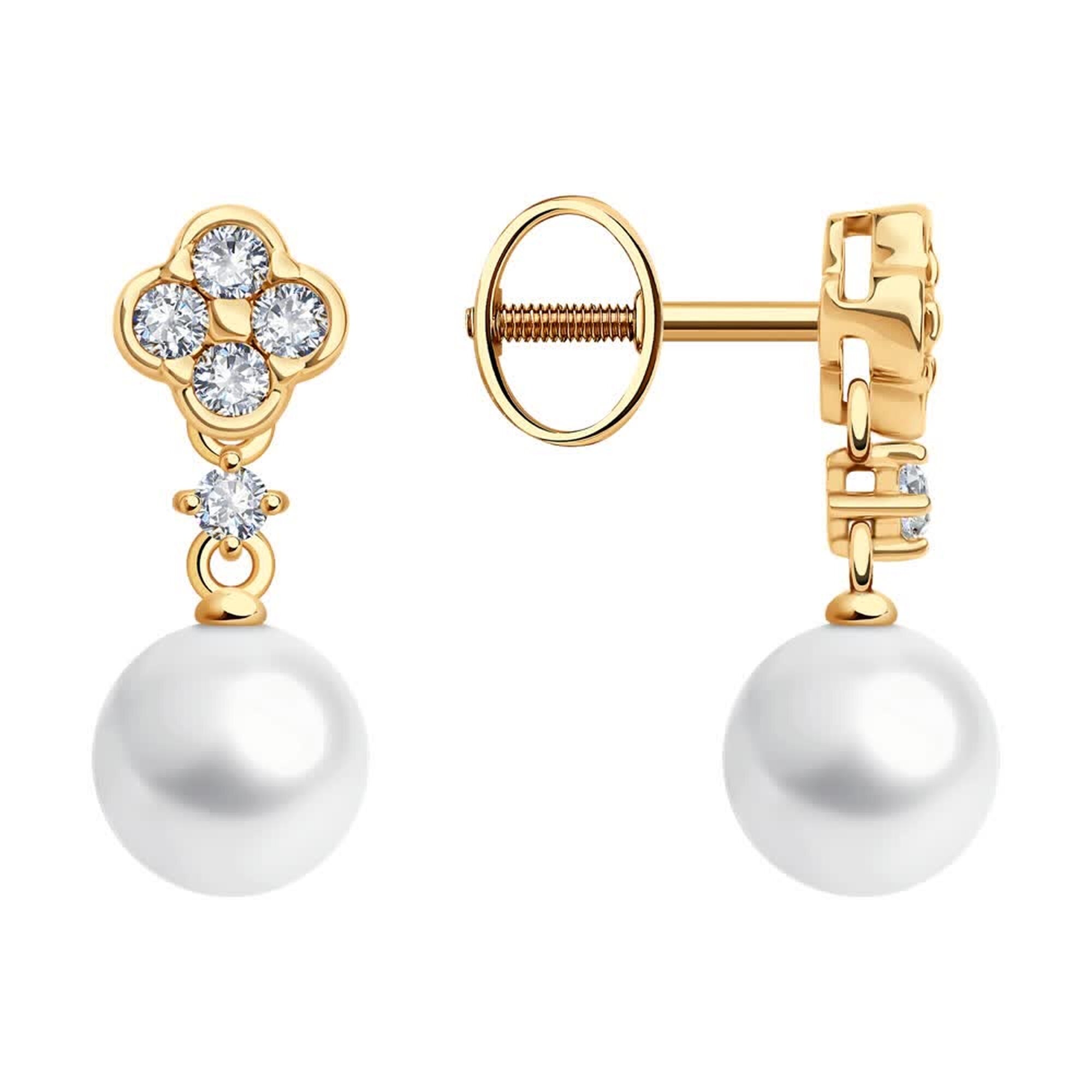 Серьги с подвесками, красное золото, 585 проба, фианит, жемчуг