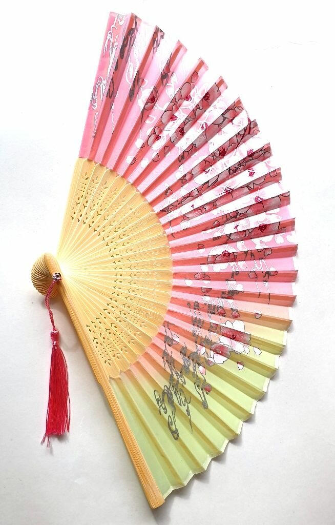 Веер бамбуковый "Яблоневый цвет", розово-желтый металлик, в японском стиле, стихи хайку