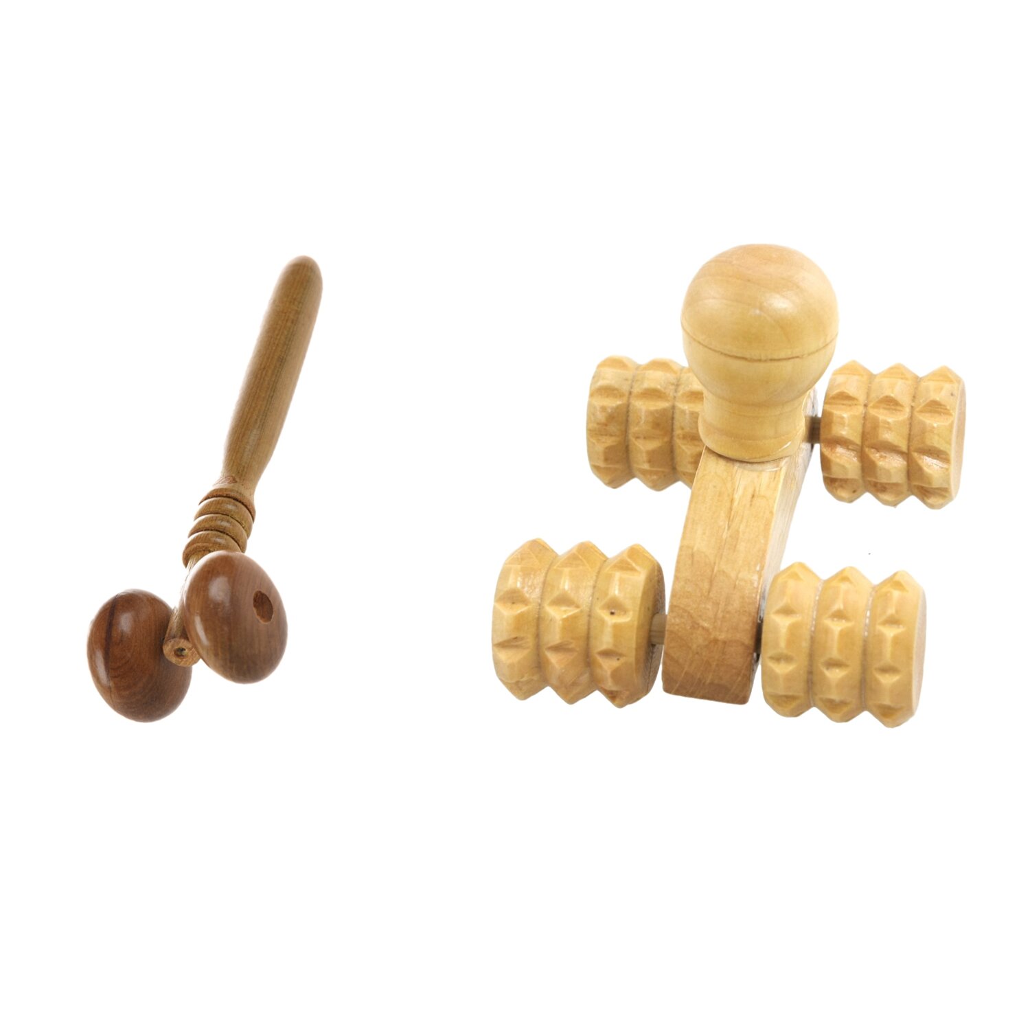 2 деревянных массажера: 1 ручной массажер для тела с 4 роликами и 1 расслабляющий массажер для лица и шеи с нескользящей ручкой с 2 роликами