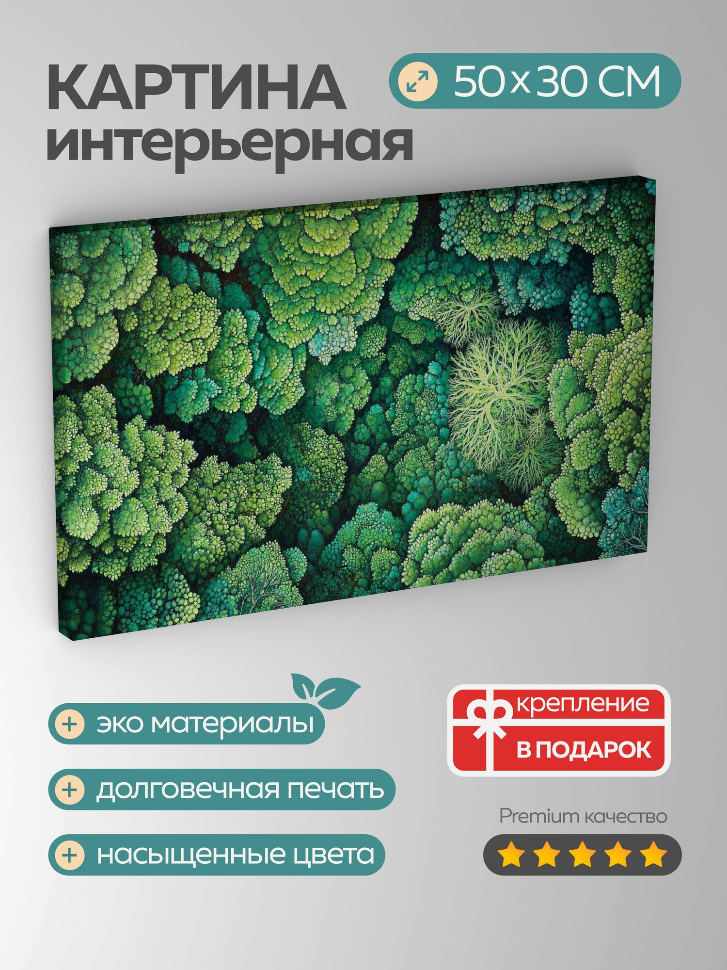 Картина на холсте интерьерная 50х30 см, лесной покров, текстуры листвы, зеленые оттенки, густой лес, природный гобелен