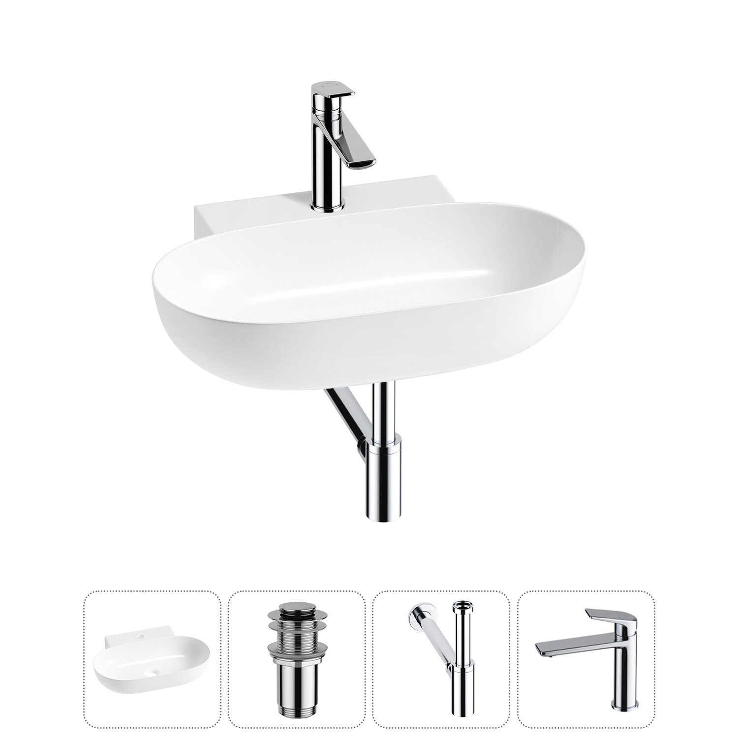 Подвесная или накладная раковина в ванную комнату Lavinia Boho Bathroom Sink 20215135R в наборе 4 в 1: раковина 58 см в цвете белый глянец, донный клапан, сифон, смеситель