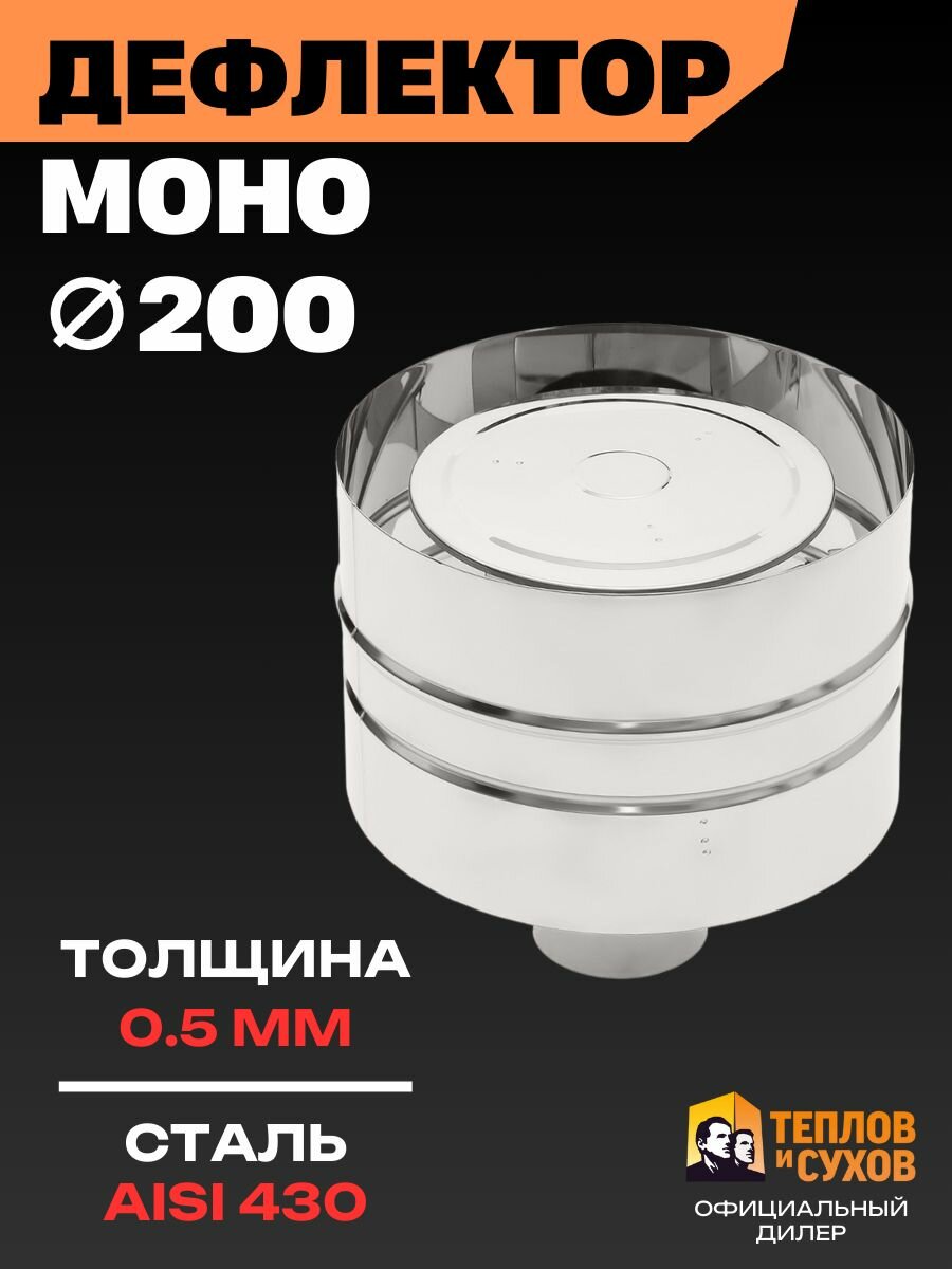 Дефлектор на трубу дымохода D 200, зонт с ветрозащитой из нержавейки AISI 430, для сборки по конденсату