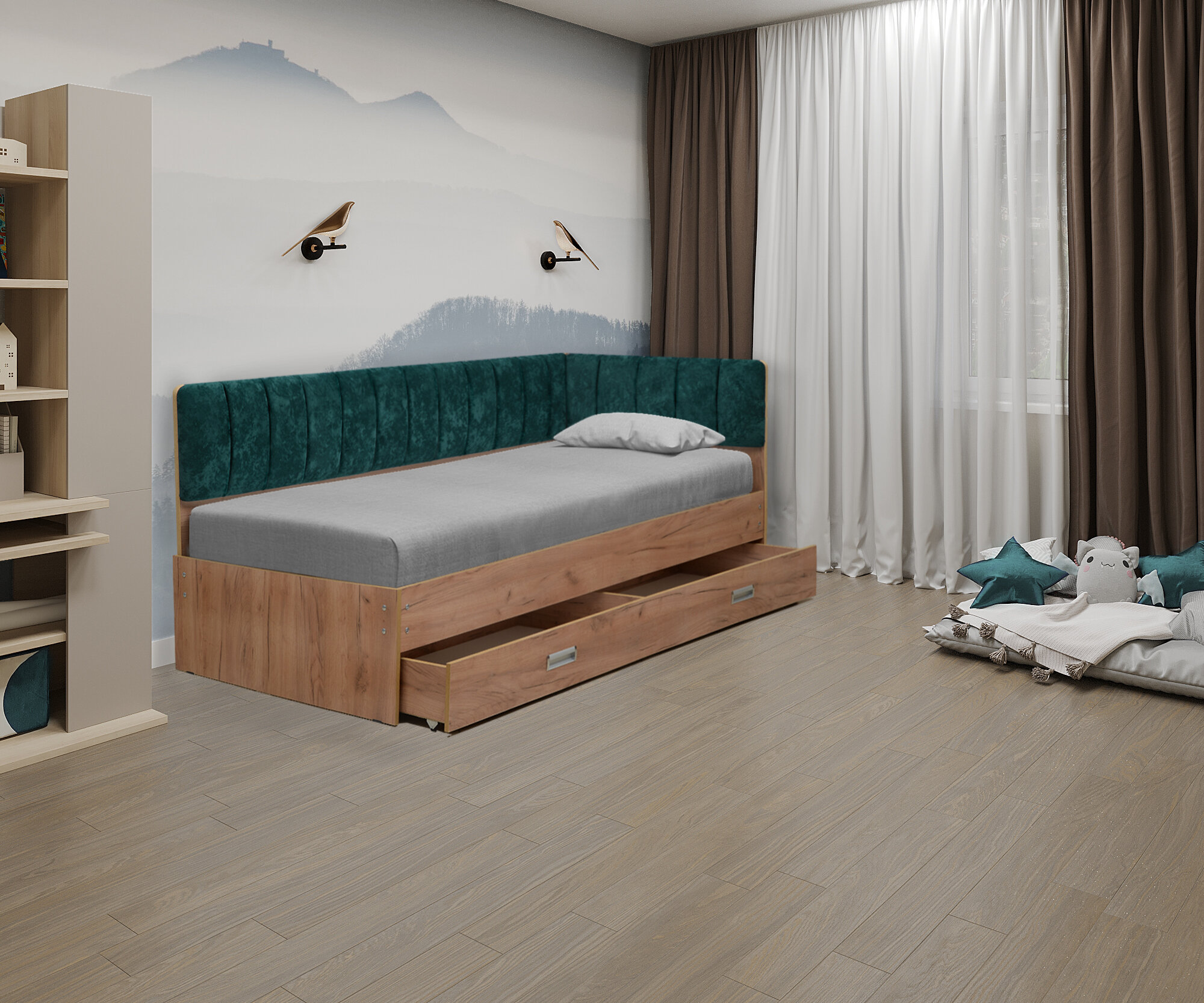 Matrix диван- кровать детская с мягкой спинкой Sofa 15, велюр зеленый 014, угол правый, 90x200 см.