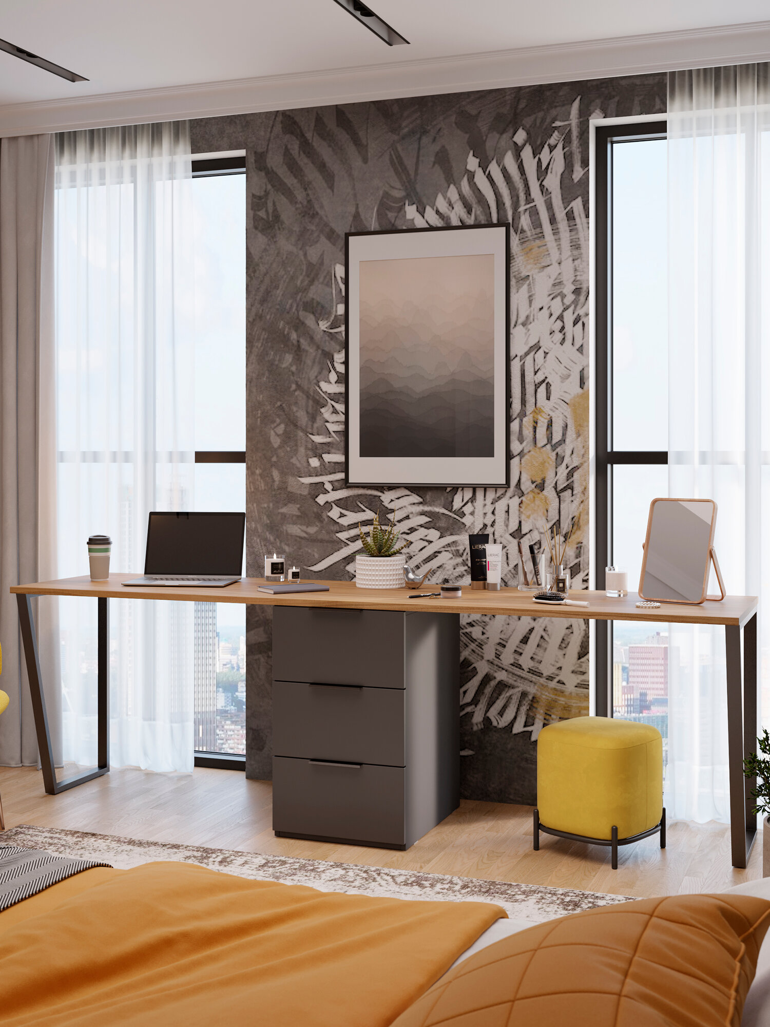 Комплект столов письменных 240х75 см, с тумбой Портo Яблоня Беллуно Графит Софт