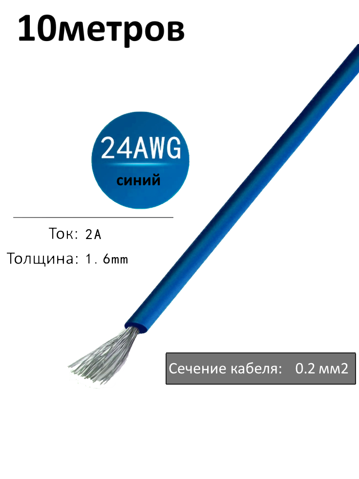 Провод электрический 24AWG, 0.2 кв. мм синий многожильный 10м.