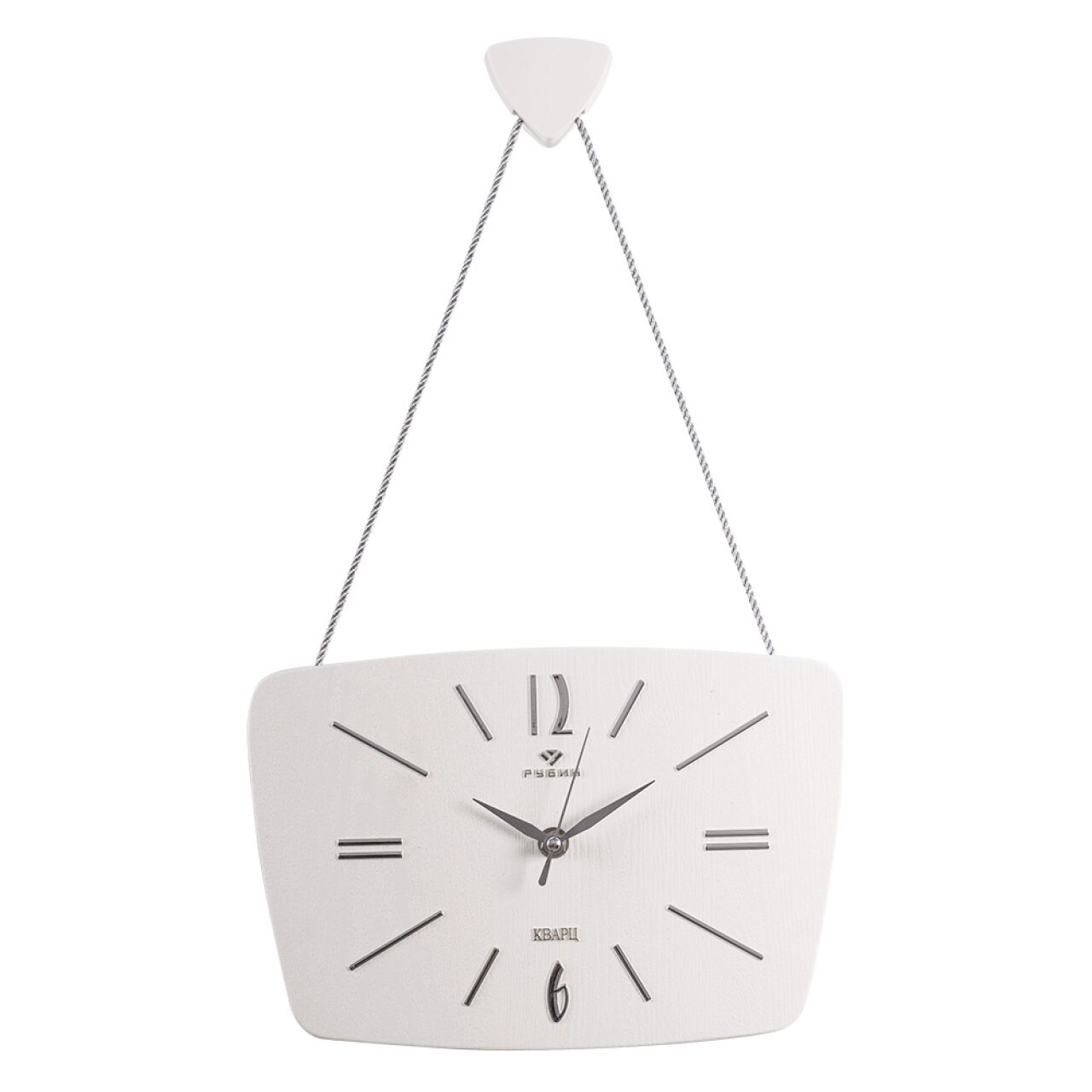 Часы настенные Рубин 31x22 см с арабскими цифрами, пластик белый/серебро, с ремешком