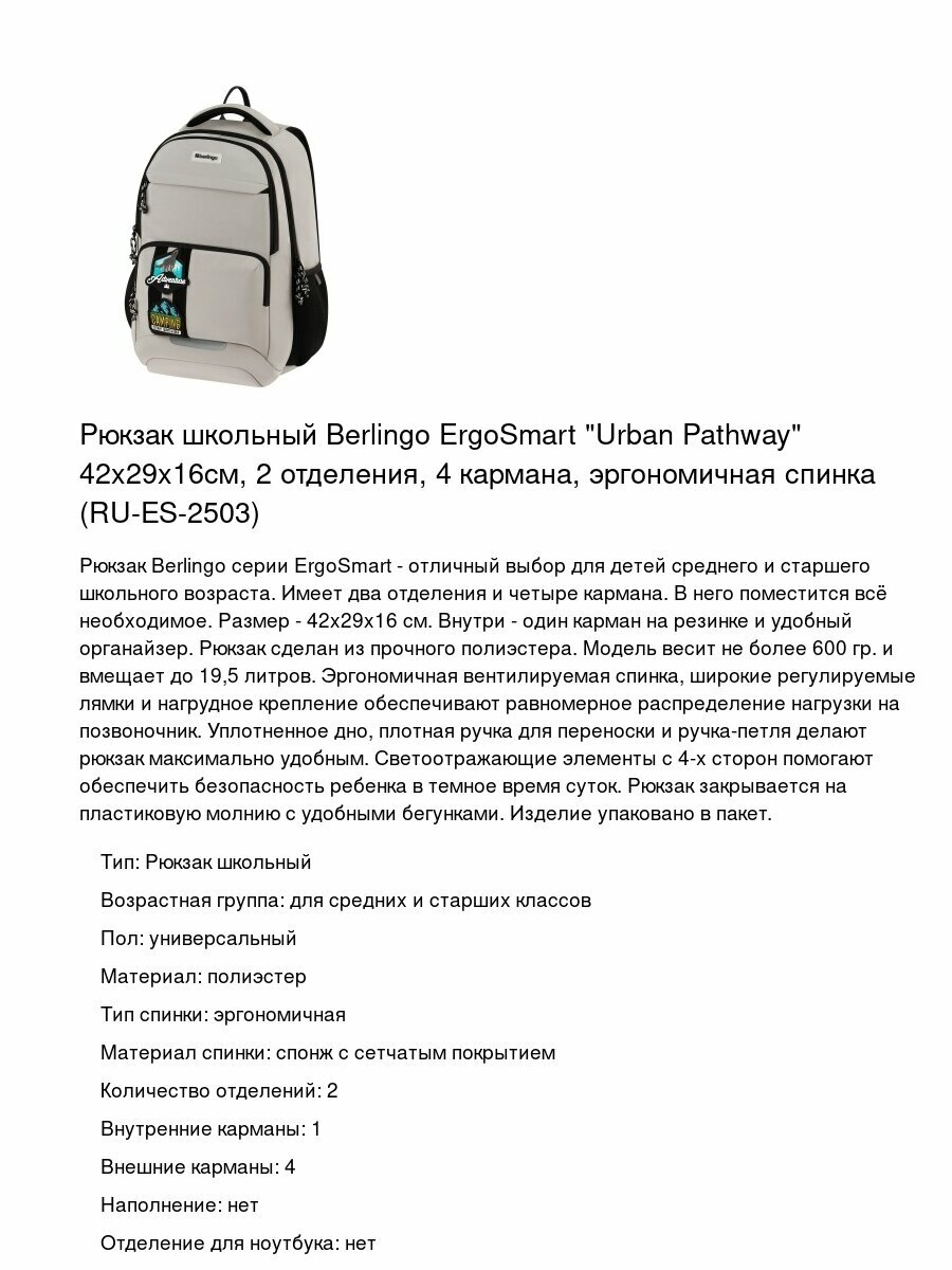 Рюкзак школьный Berlingo ErgoSmart "Urban Pathway" 42x29x16см, 2 отделения, 4 кармана, эргономичная спинка (RU-ES-2503)