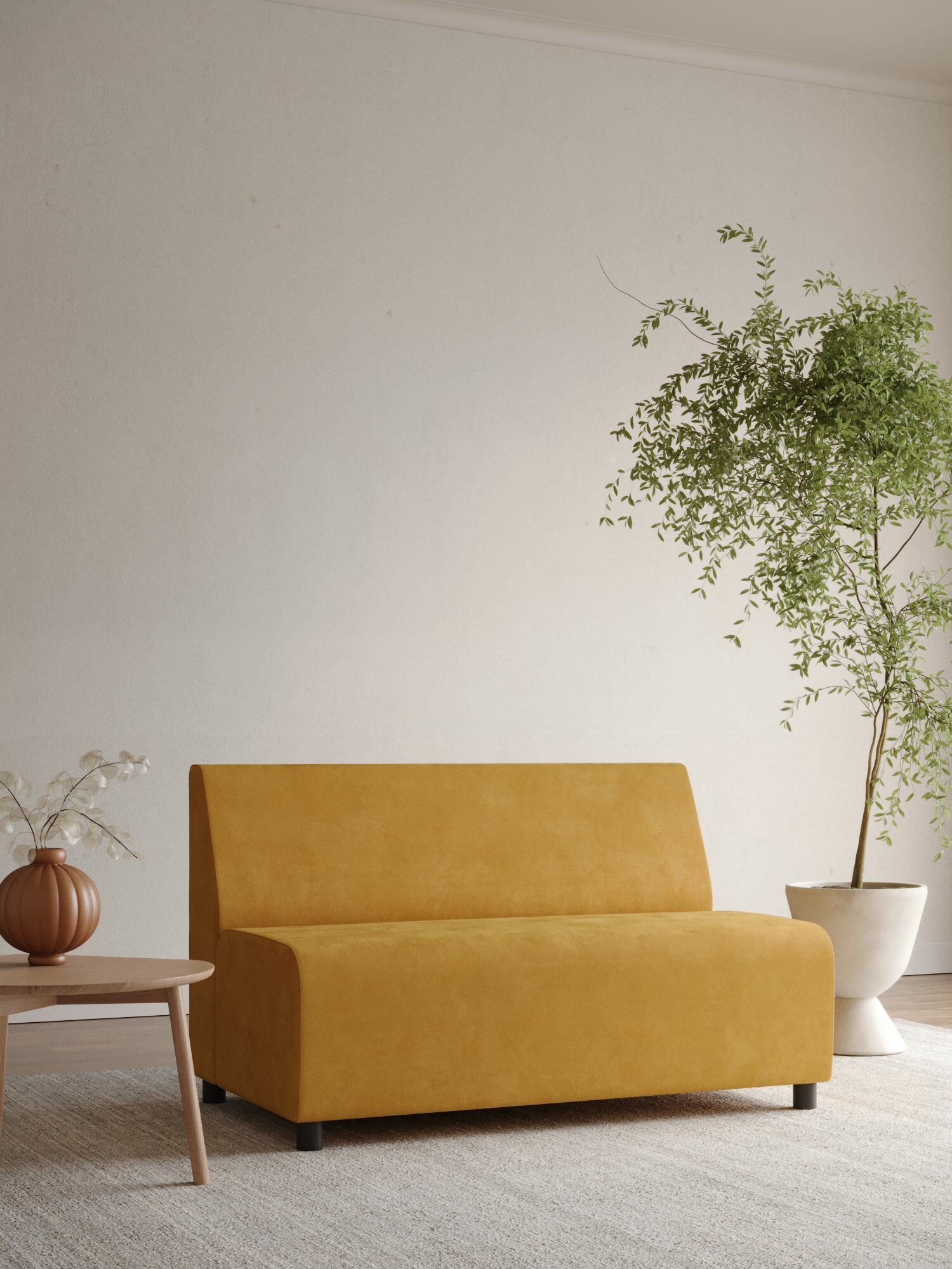 Диван прямой Альфа без подлокотников желтый велюр. Офис, дом, салон красоты, прихожая, гостиная, зона ожидания.