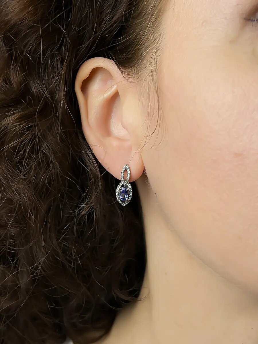 Серьги, белое золото, 375 проба, родирование, бриллиант, танзанит