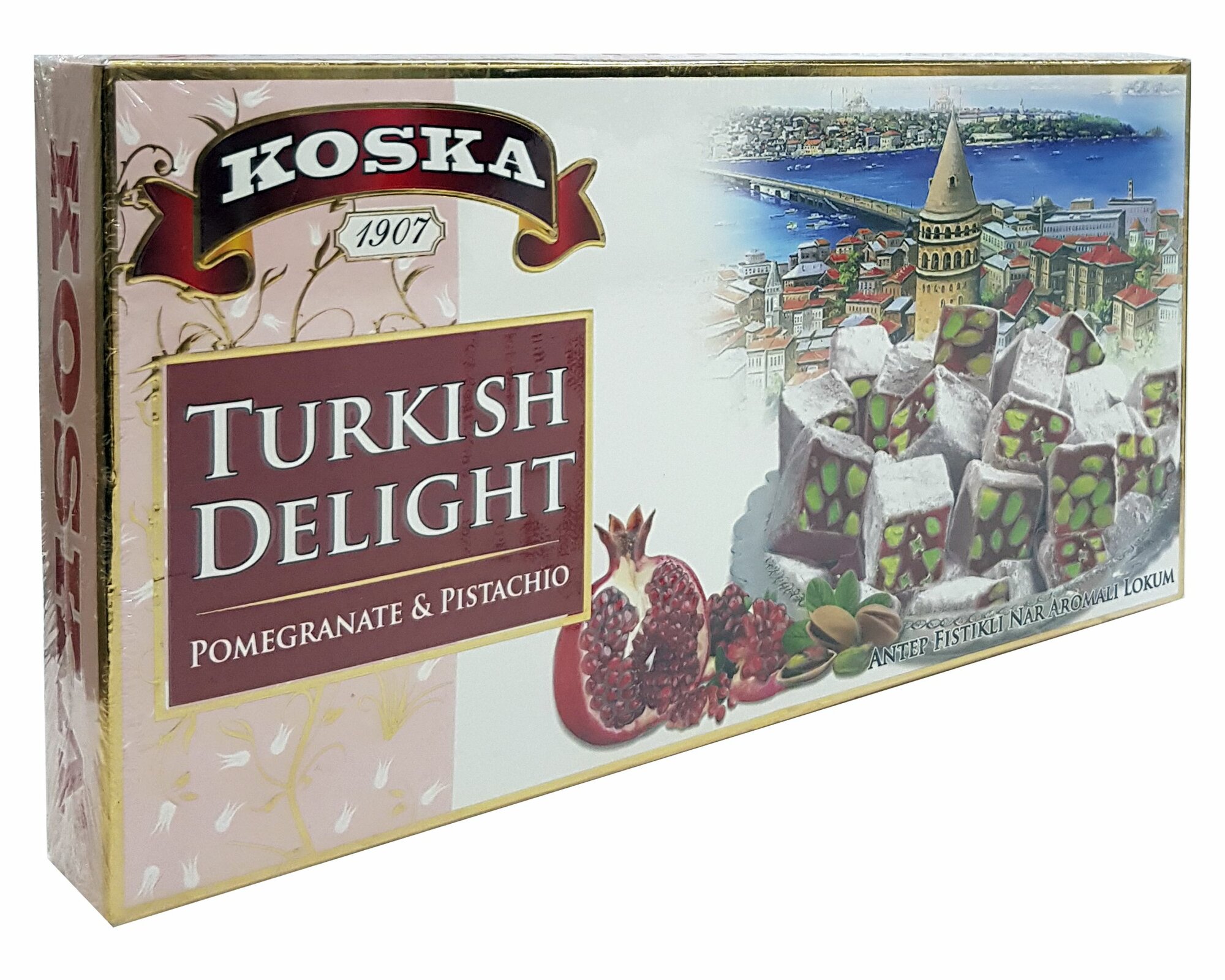 Восточные сладости, гранатовый рахат-лукум с цельной фисташкой, "Koska", Antep Fistikli Nar Aromali Lokum, 400гр.