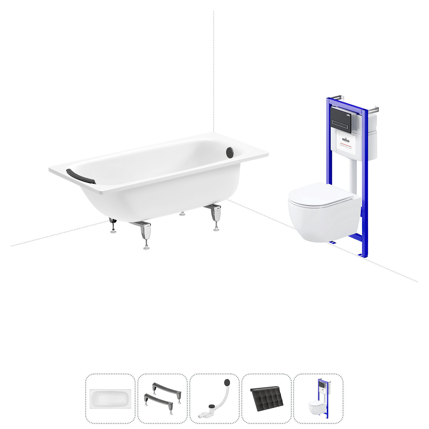 Стальная ванна 150х70 Sanitana BLB Universal 20220823R в наборе 5 в 1: металлическая ванна 150 х 70 см с шумоизоляцией, ножки, слив-перелив, подголовник, инсталляция с унитазом