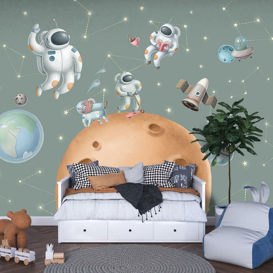 Фотообои детские. Космонавты на планете 12-1628-S-Флок 270 x 200 см (ВхШ) Бесшовные, флизелиновые, влагостойкие обои MasterFresok