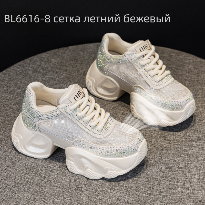 MOOCIE Женские сетчатые туфли для папы, весна-лето 2025, новые универсальные туфли со стразами на толстой подошве, маленькие размеры, популярная повседневная спортивная обувь