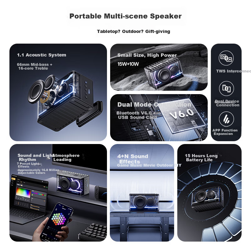 Walker Flower NEW Play Bluetooth Computer Speaker E-sports Gaming Desktop Speaker Classic Upgraded Trend Atmosphere Light Retro Craft Speaker Night Black