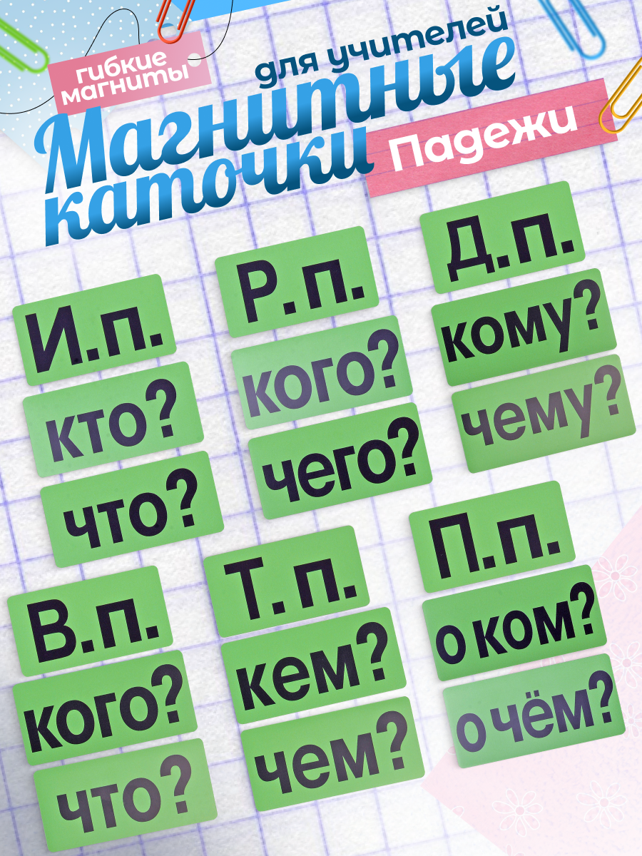 Набор магнитных карточек "Падежи" (фон зелёный) 18 карточек