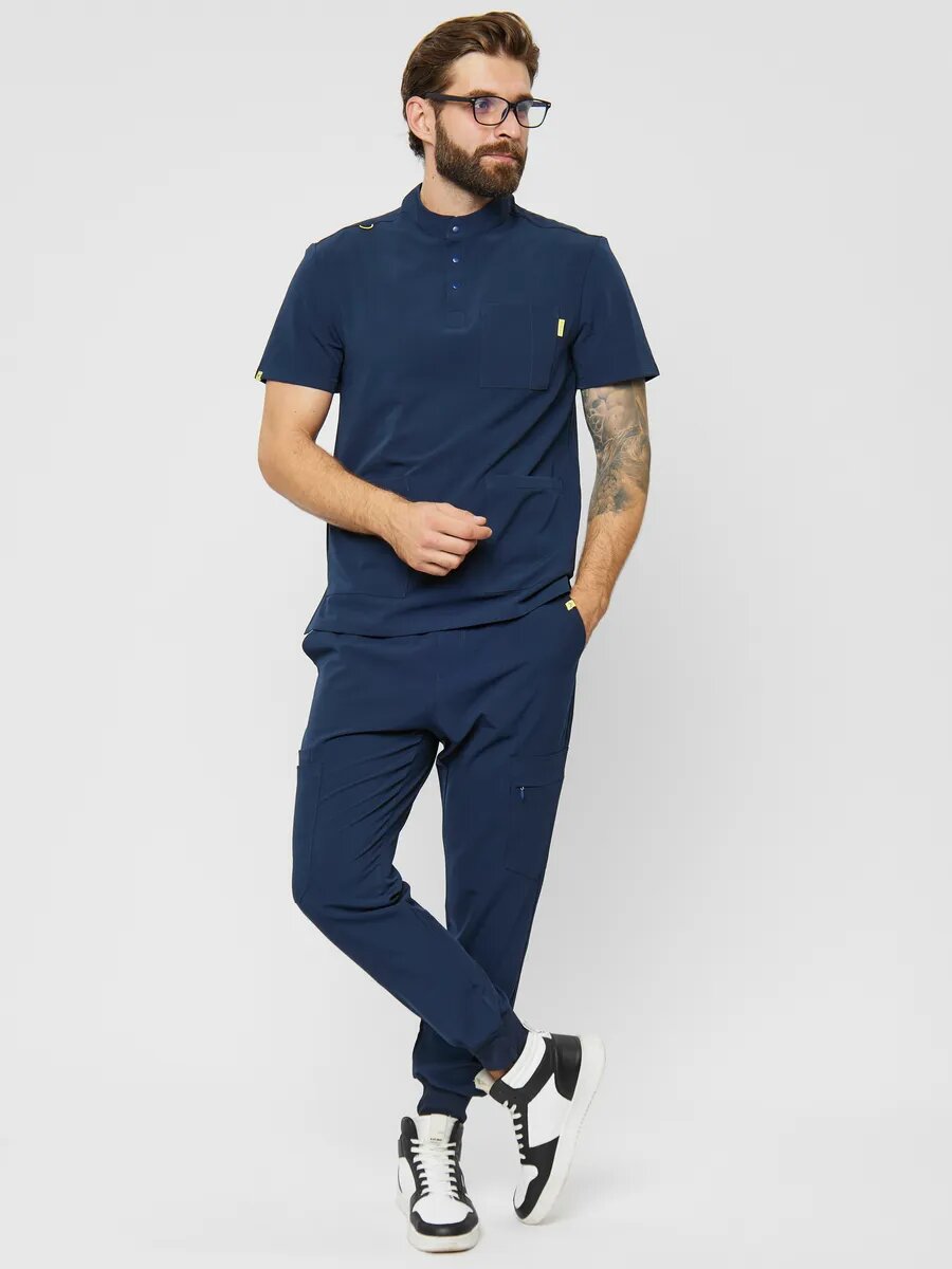 Костюм медицинский SCRUBS, мужской, темно-синий, брюки джоггеры