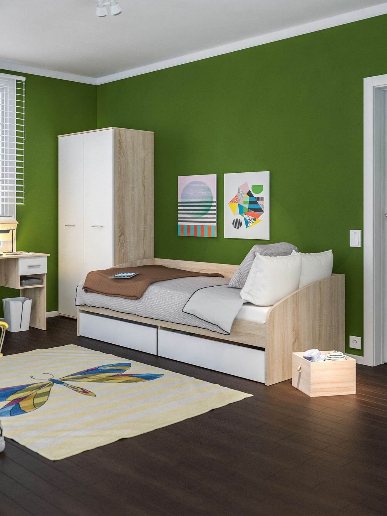 Подростковая, детская односпальная кровать столплит Мамбо СБ-2372. Н без матраса 90*200 см, с двумя ящиками для хранения, ДСП Дуб Сонома/Белый 205*64*95 см.