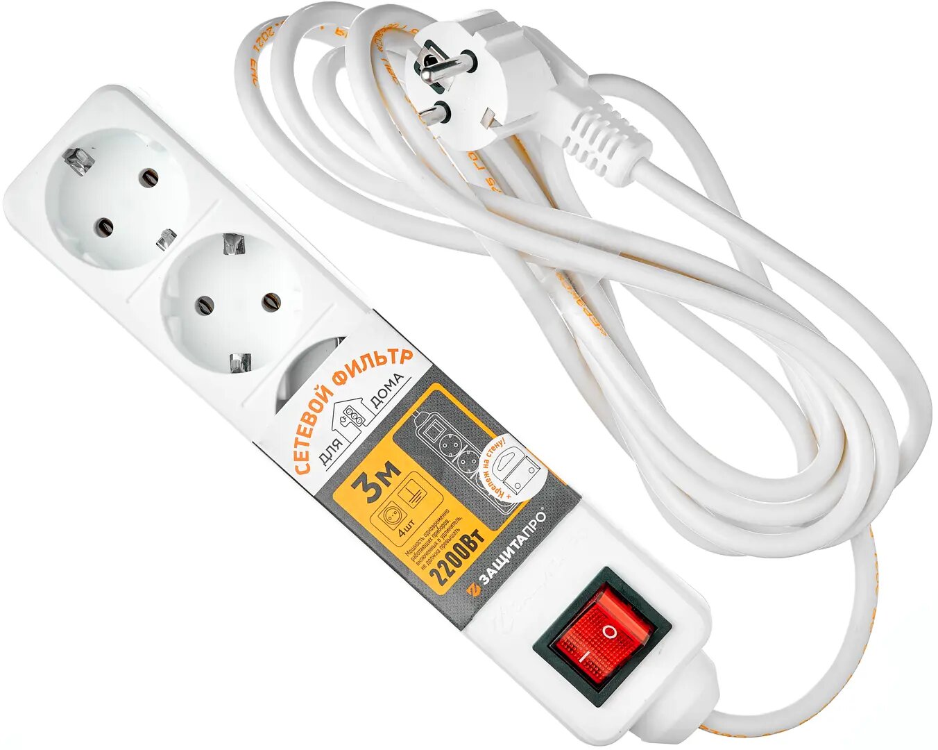 Сетевой фильтр Защита Про 4 розетки с заземлением 3x0.75 мм 3 м 2200 Вт цвет белый
