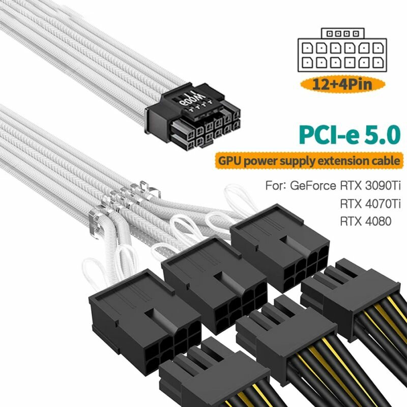 Удлинительный кабель PCI-e 5.0 длиной 340 мм с 16(12+4)-контактным разъемом «папа» на 3x8(6+2)-контактным разъемом «мама» для видеокарт RTX 3090Ti 4070Ti 4080 4090