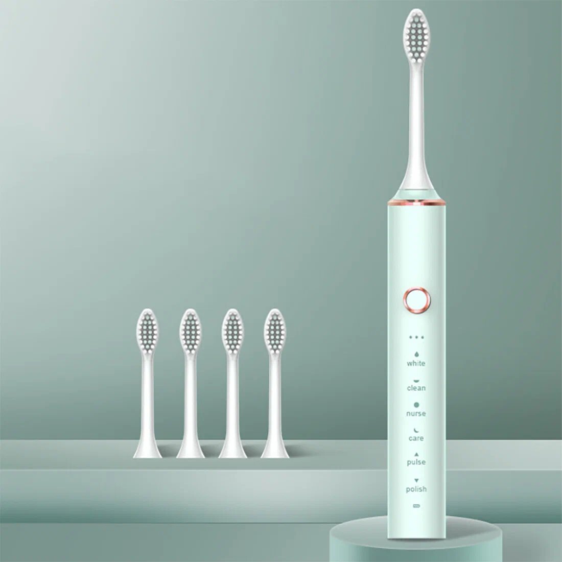 Электрическая зубная щетка, ультразвуковая зубная щетка для чистки зубов и полости рта, 6 режимов, 4 насадки, зеленый