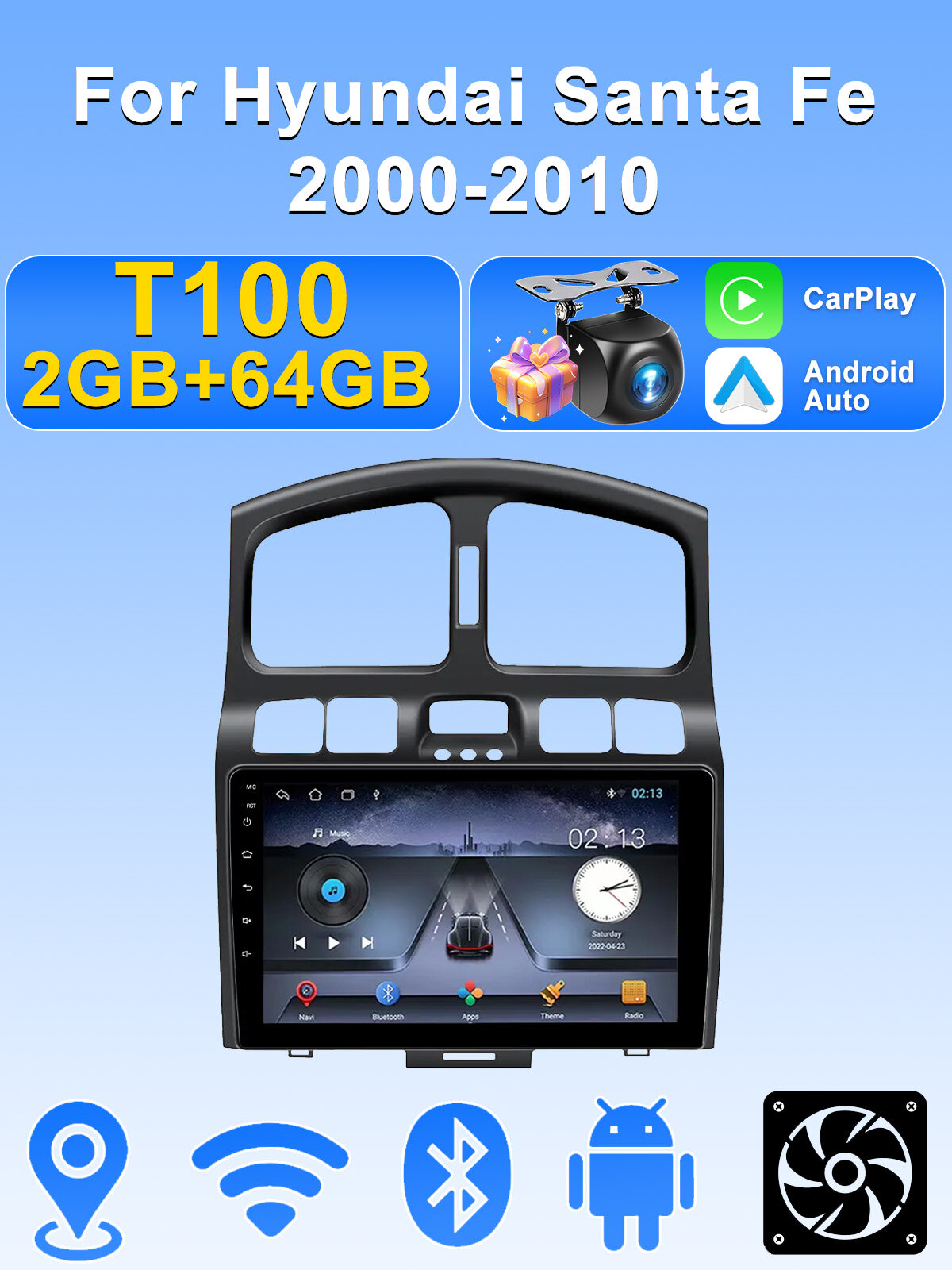 Магнитола для Hyundai Santa Fe 2000-2010 , Автомагнитола для Хендай Санта Фе СМ,2din android 2+64G Мультимедиа Bluetooth FM WIFI Автомобильный