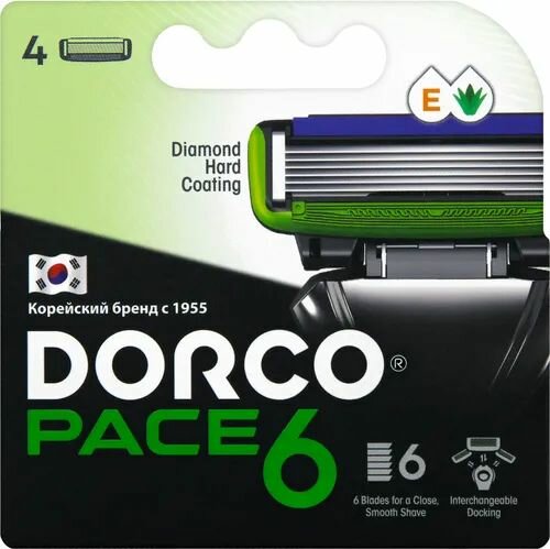 Dorco Сменные кассеты PACE6, 6 лезвий, крепление PACE, увл. полоса (4 сменные кассеты)