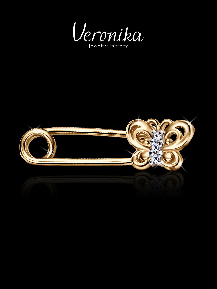 Брошь Veronika, серебро, 925 проба, золочение, фианит