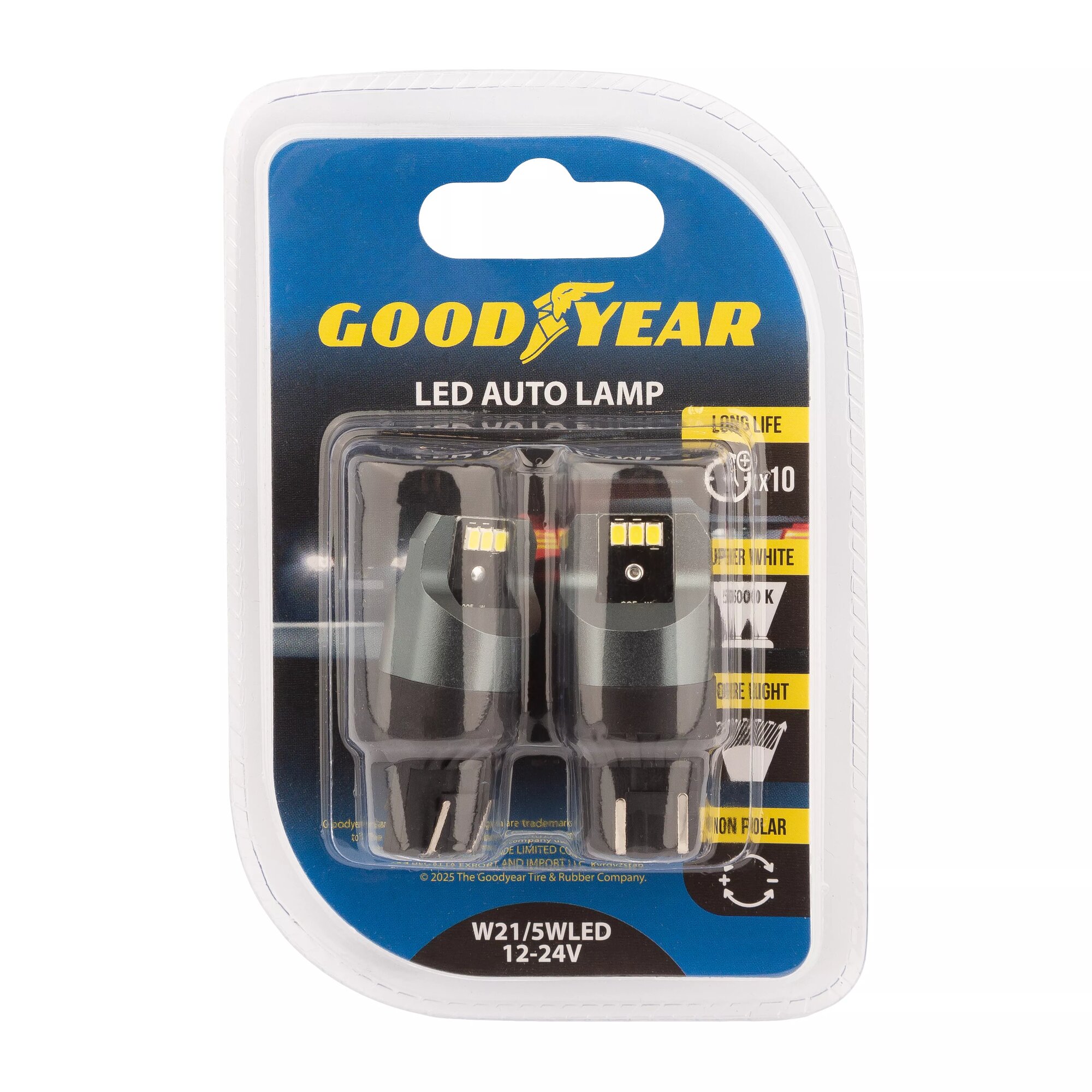 Светодиод 12V (габариты, поворот, стоп) (T20/W21/5W/W3*16q) 12-24V (Goodyear) 2шт. Блистер