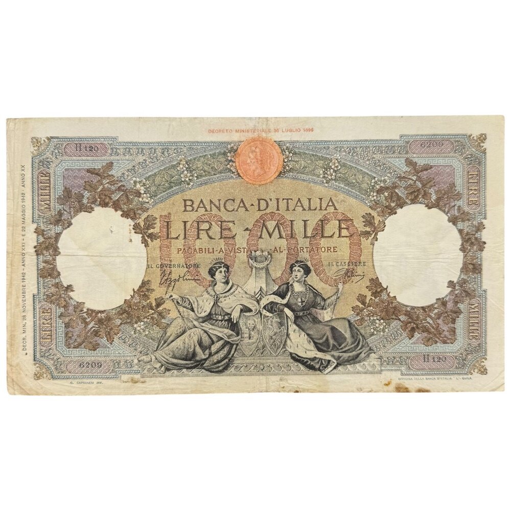 Италия 1000 лир 1942 г. (28.11.1942) (Серия H120)