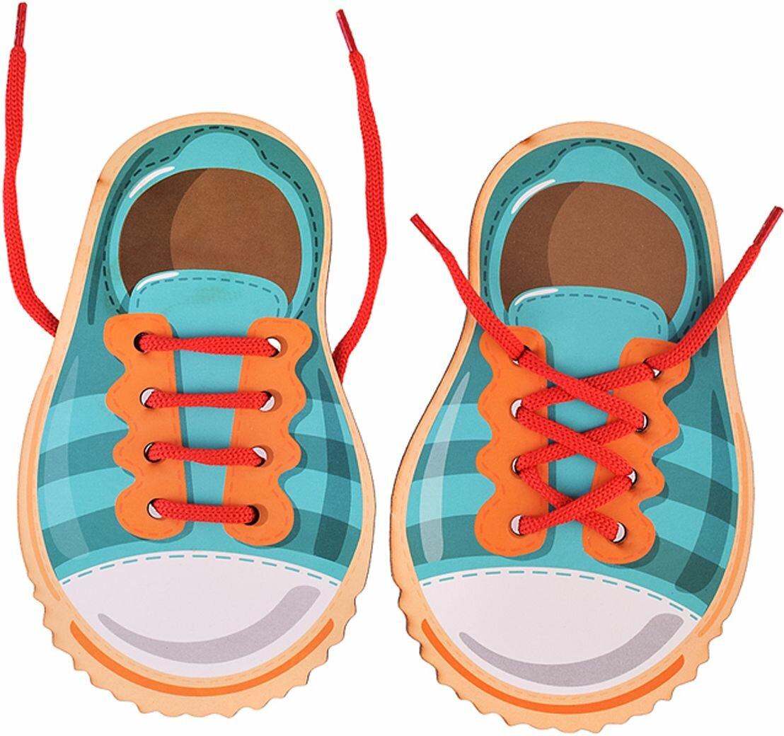 Развивающая игра-шнуровка "Ботинки" Baby Toys, развитие мелкой моторики рук и координации движений, игровой набор из деревянных элементов, игрушка для малышей