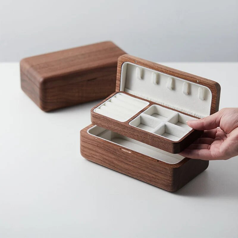 Двухслойная шкатулка для драгоценностей, деревянные Чехлы, органайзер для хранения, свадебный подарок, цвет черный орех, Коричневый