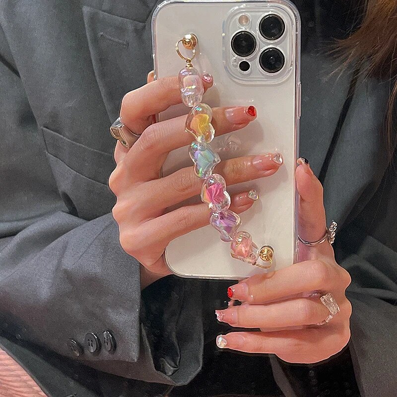 Корейский браслет-цепочка с милым сердечком для iPhone 16, 15, 13, 12, 14 Pro Max MiNi 11 XR X XS 8 plus 6S SE3, прозрачный мягкий чехол