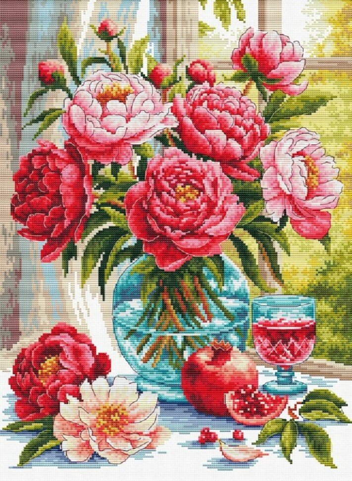 Набор для вышивания Многоцветница #МКН 163-14 Пионы с гранатовым соком, Счетный крест, 30 х 40 см