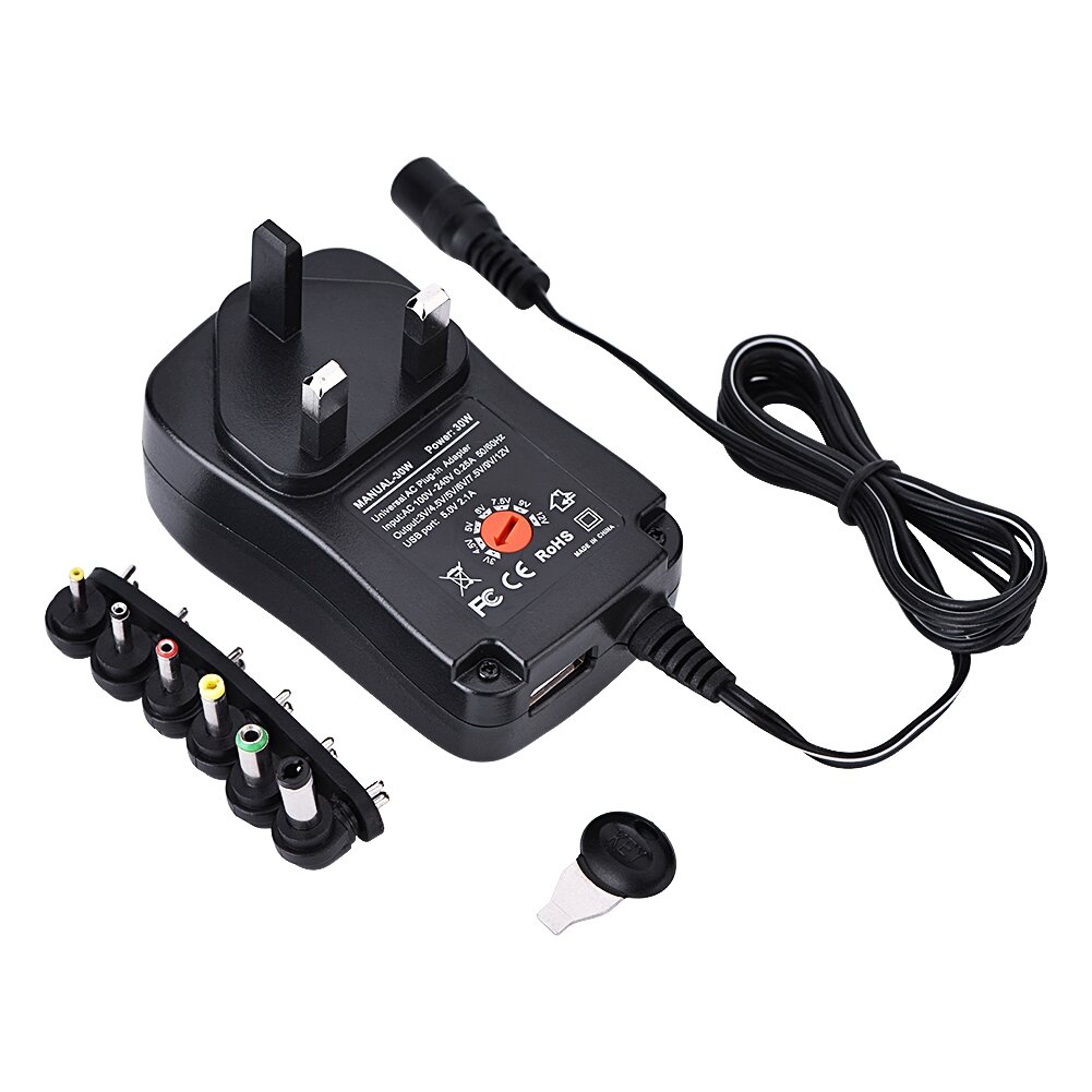Универсальный AC/DC Power Adapter Pulce 5V 2.1A USB -порт 6 Советы 30 Вт 3 В/4,5 В/5 В/6 В/7,5 В/9 В/12 В