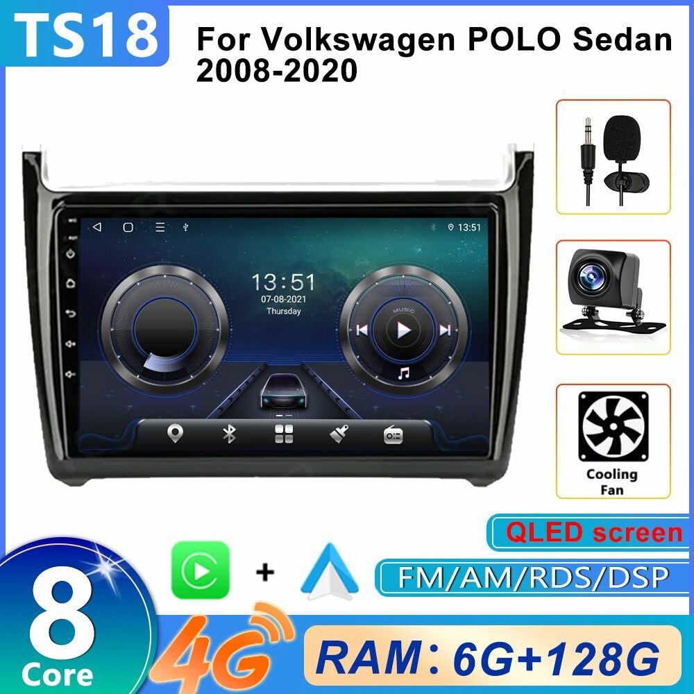 Автомагнитола For Volkswagen POLO Sedan 2008-2020 Android TS18 6+128 радиоплеер для Bluetooth, Wi-Fi, DSP/32-EQ/AM, FM-радио/Сенсорные кнопки, Carplay/Android auto