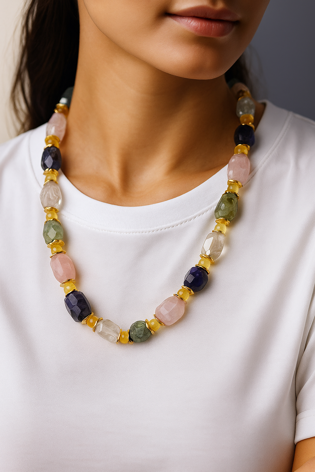 Бусы, горный хрусталь, розовый кварц, аметист, пренит, цитрин