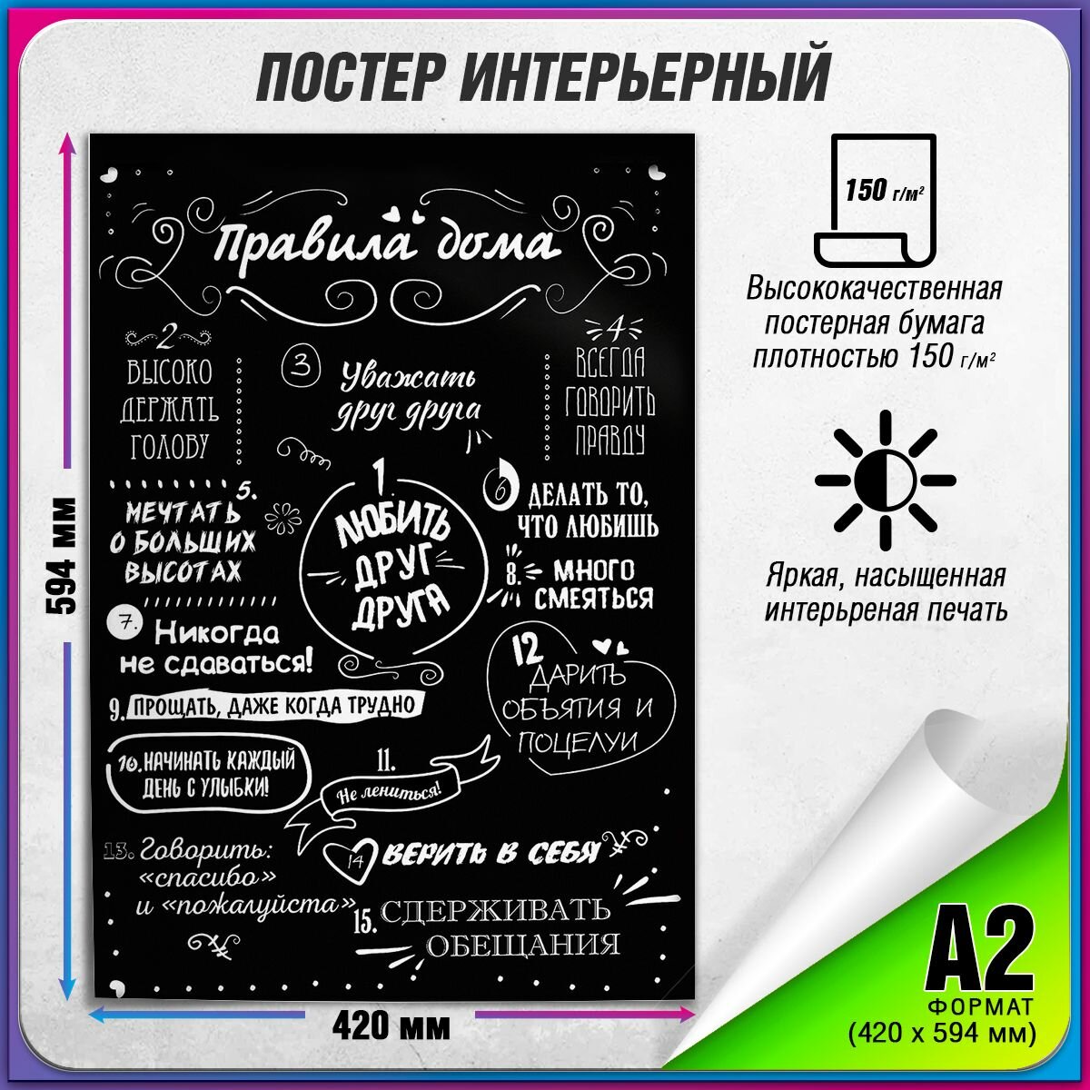 Интерьерный постер "Правила дома" / Картина с правилами дома на стену / А-2 (42x60 см.)