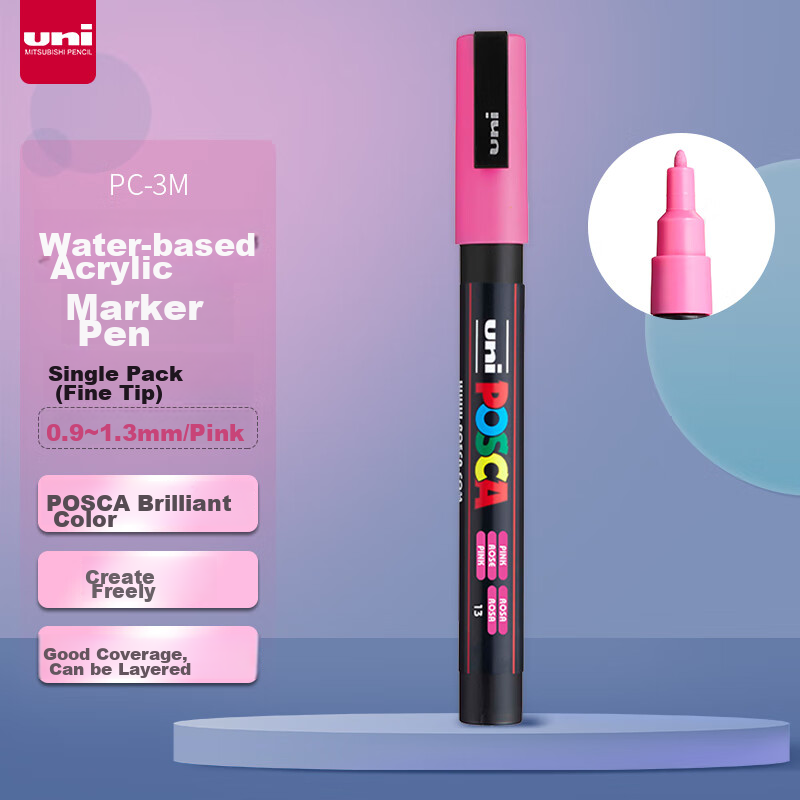 Uni Mitsubishi POSCA Acrylic Marker (Fine Tip), Pink, Single Pen, PC-3M, Drawing Pen, Poster Advertising Marker, Hand-Drawn Graffiti Pen, Painting Tool