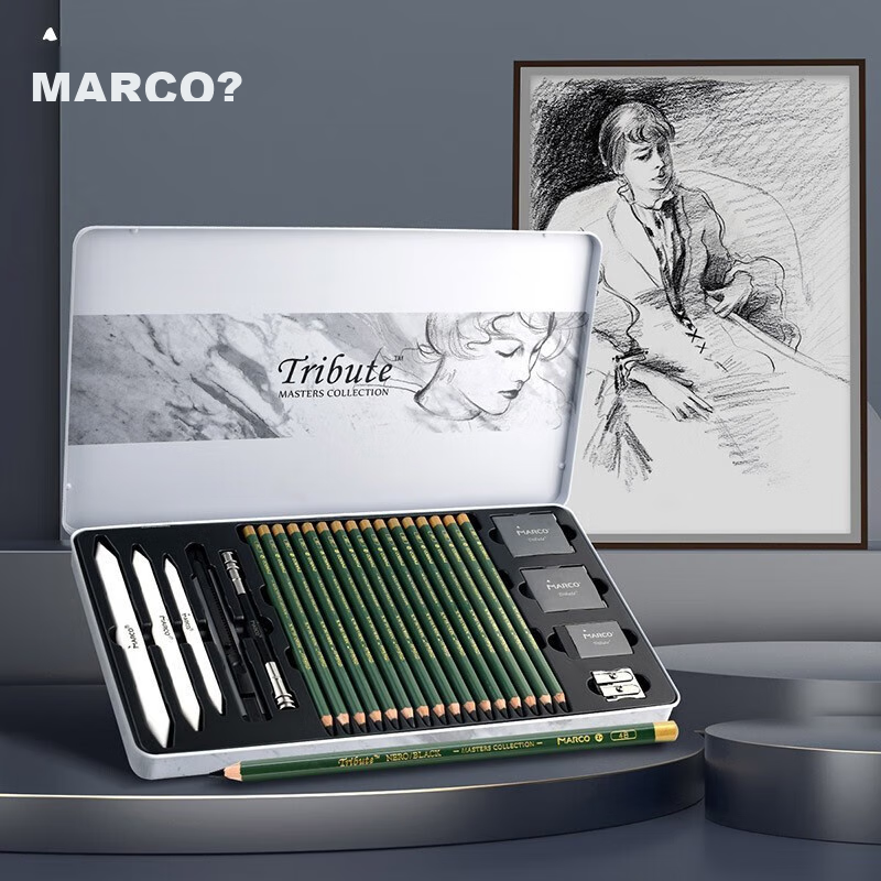 Marco Charcoal Sketching Pencil Master Series Professional Art 2B/4B/6B/16 Pencils 25-Piece Set Drawing Tools Kit Sketching Markers