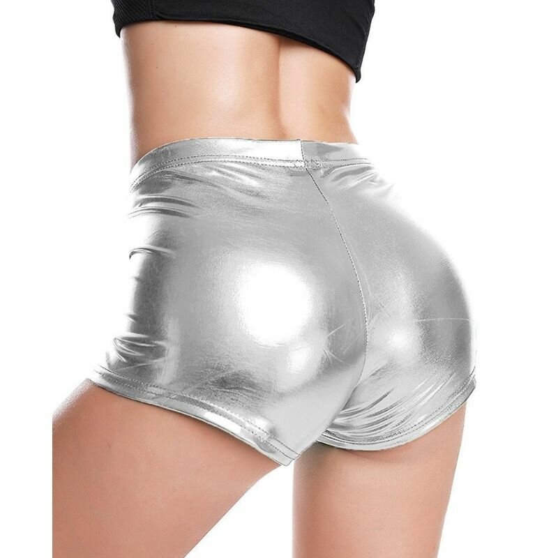 Золотые и серебряные кожаные шорты, эластичные шорты из лакированной кожи-silver-M