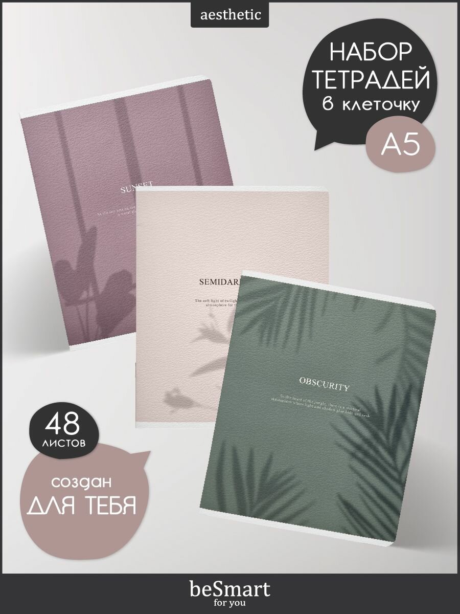 Набор общих школьных тетрадей beSmart "Shadow" А5 на 48 листов в клетку с полями, 3 штуки
