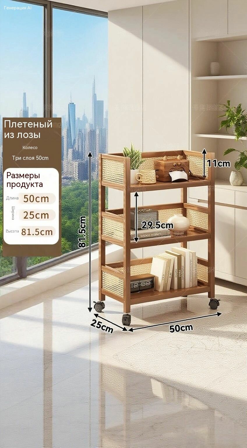 Плетёная тележка 70см с тормозом! Китайский стиль + ротанг. 0.15м для щелей хрущёвки. Колёса 360 + дерево. Многоуровневая!