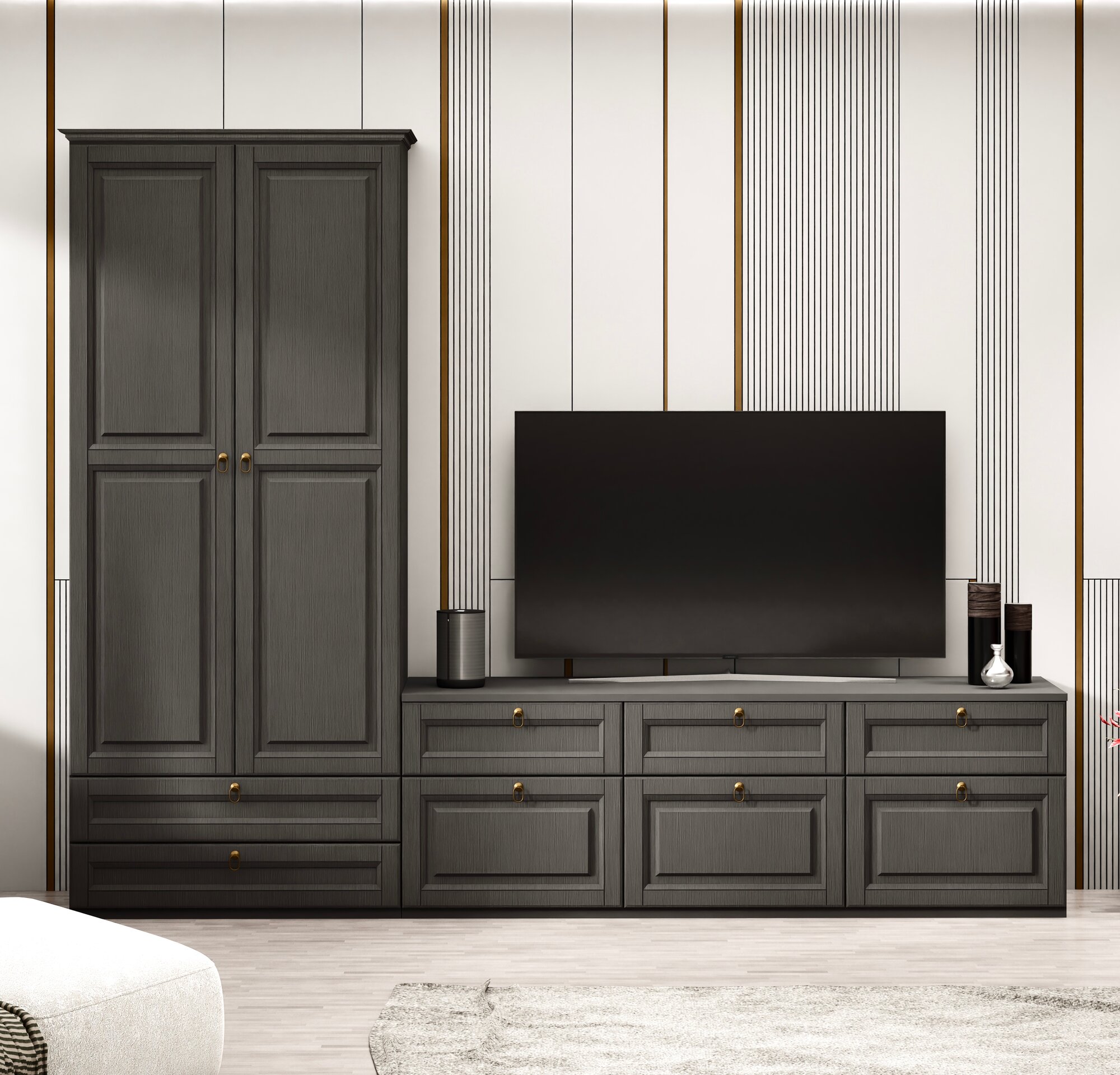 Тв/тумба Гостиная МДФ со шкафом Престиж 1. Цвет графит текстурный