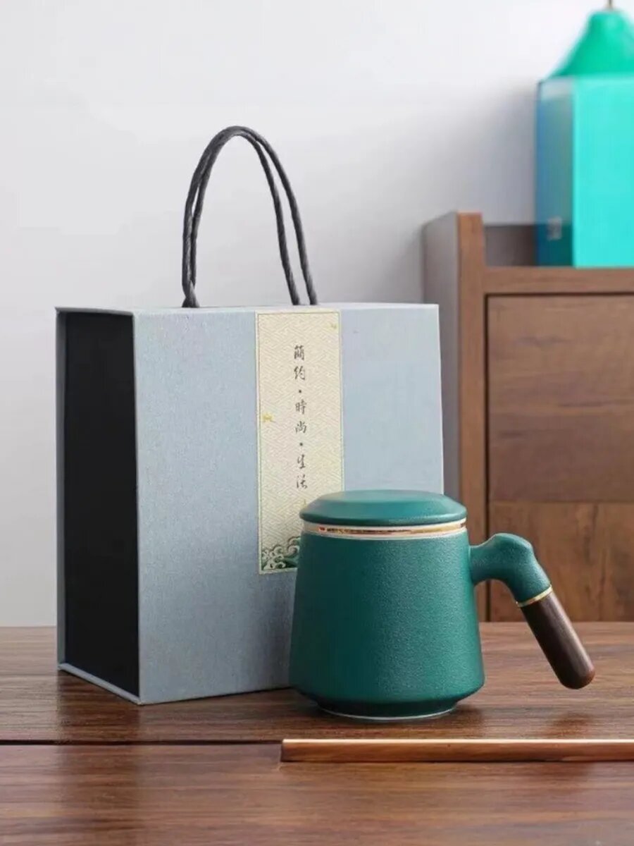 Кружка Китобой "Заварочная", с ситечком и крышкой, фарфор, дерево, 380 мл