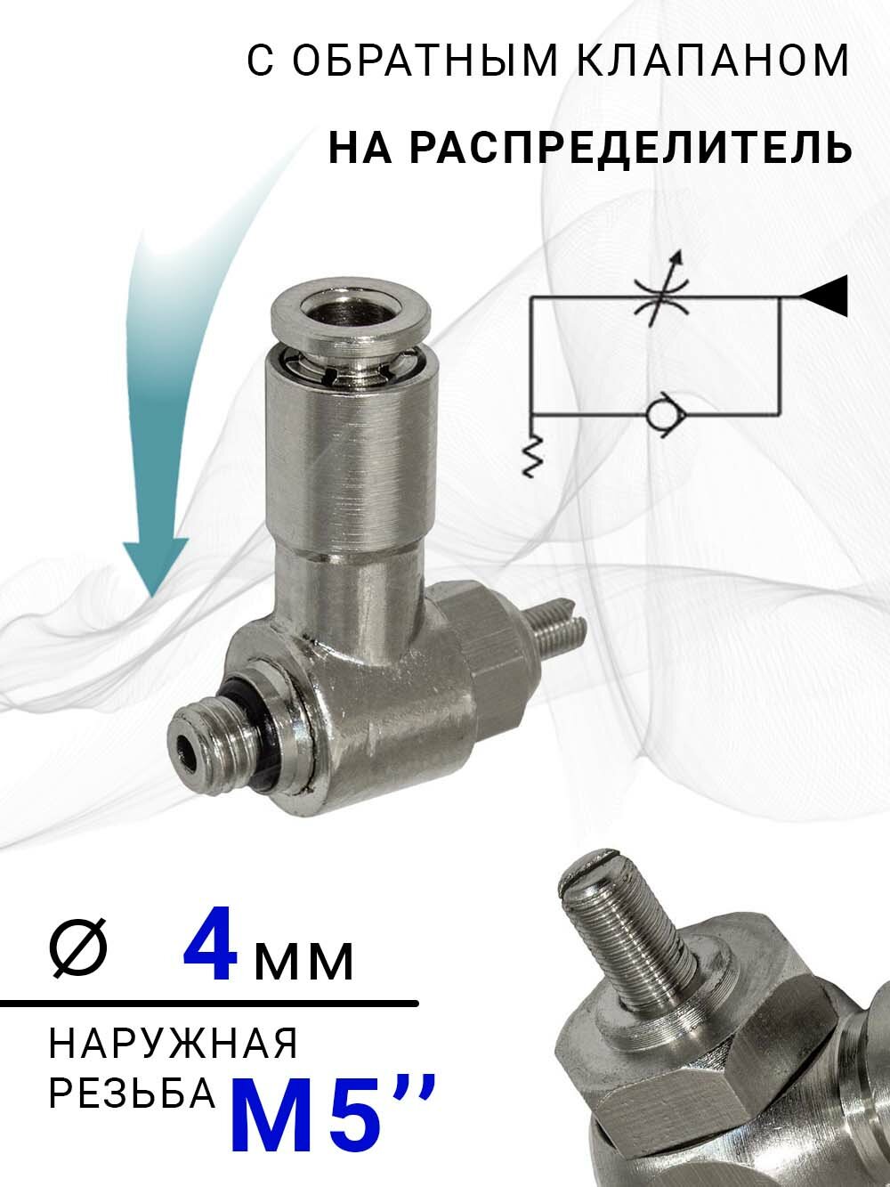 Пневмодроссель с обр. клапаном DO-CR-w4-m5M под отвертку с потоком воздуха от цанги к резьбе, Арт. 9121