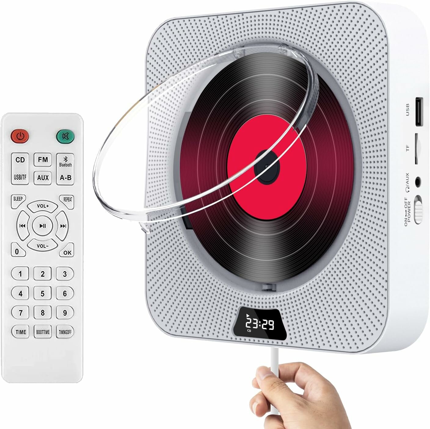 Портативный CD-плеер Bluetooth с дистанционным управлением, ЖК-дисплеем, HiFi динамиками, FM-радио, поддержкой CD/MP3/USB/TF/AUX (белый)