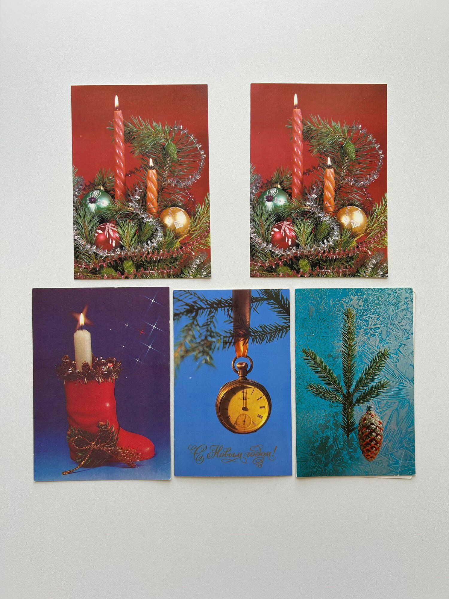 Набор винтажных фотооткрыток СССР С Новым годом! (5 шт). Изданы в период с 1970 по 1993 гг