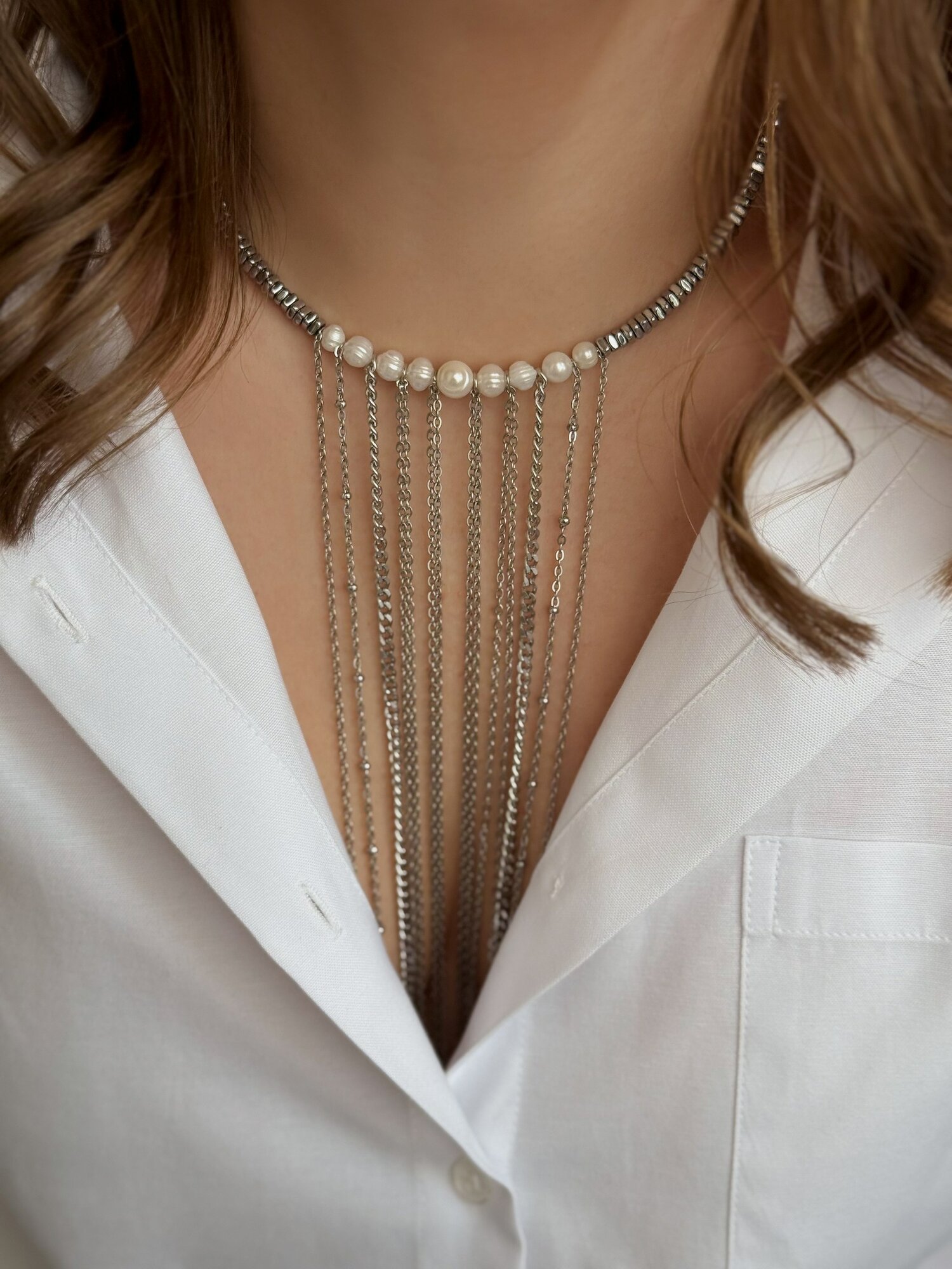 Колье, жемчуг пресноводный культивированный, гематит