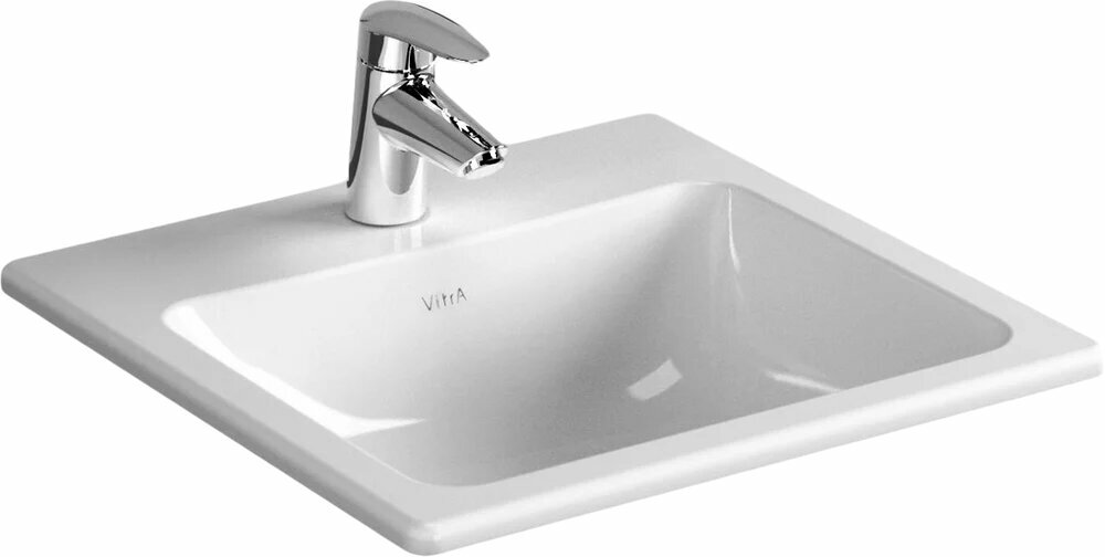 Раковина встраиваемая сверху VitrA S20 5465B003-0001 55 полувстраиваемая, фарфоровая, раковина для ванной, белая, глянцевая, прямоугольная, со встроенным сливом-переливом